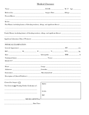 Fillable Online Medical Evaluation and Surgical Procedure Clearance ...