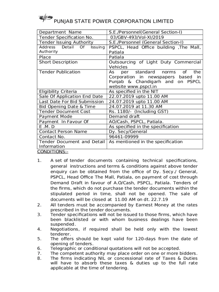 Tender Document - Punjab State Power Corporation Limited Doc Template | pdfFiller