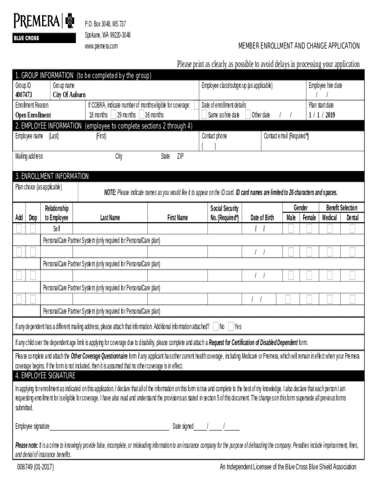 MEMBER ENROLLMENT AND CHANGE APPLICATION ... Doc Template | pdfFiller