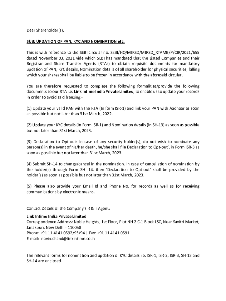 Fillable Online UPDATION OF PAN, KYC AND NOMINATION etc. This is with ...