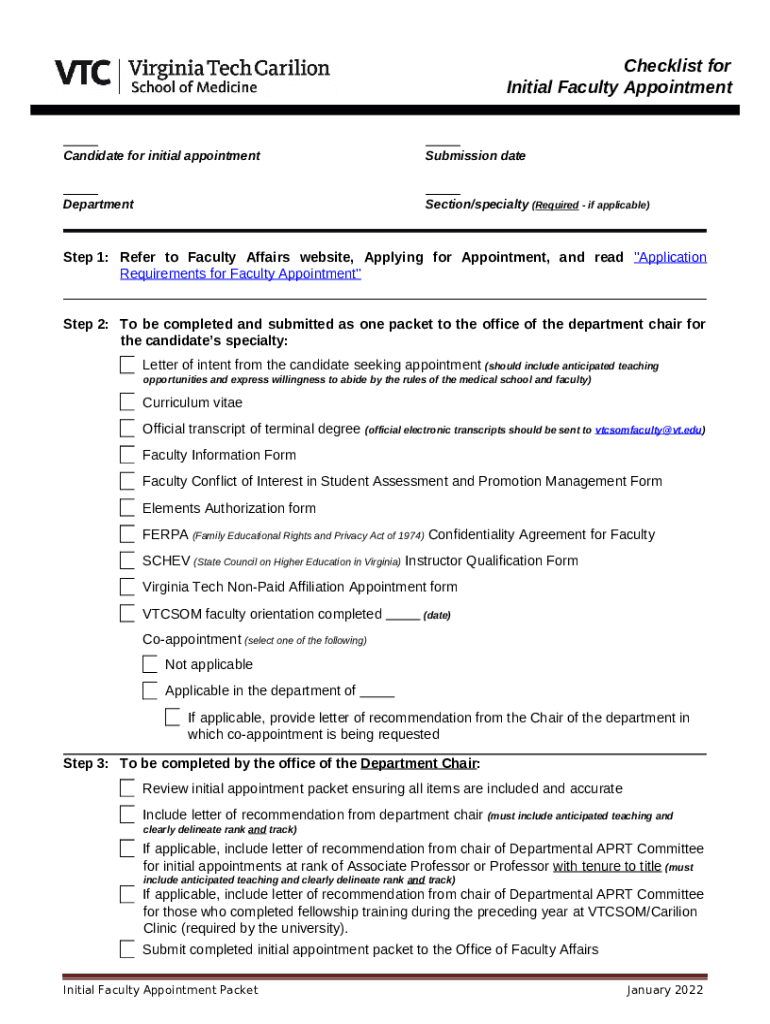 Checklist for Preparation of Faculty Portfolios for Appointment ... Doc Template | pdfFiller