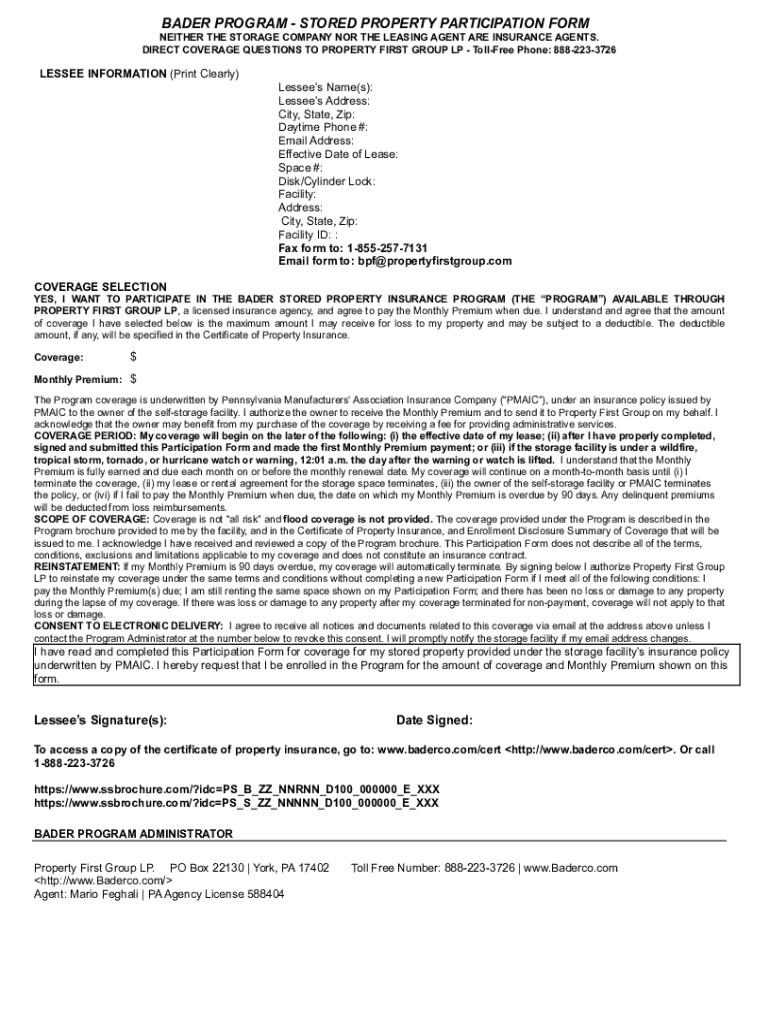 Fillable Online BADER STORED PROPERTY COVERAGE Participation Form Fax ...