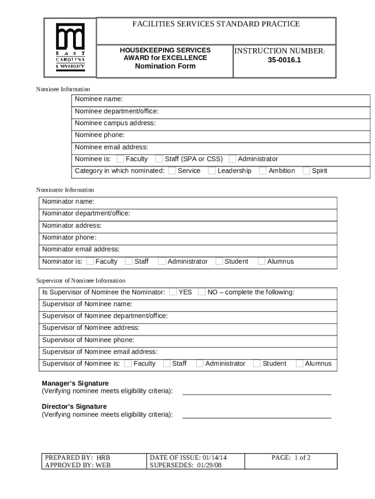 FSSP 35-0016.1; Housekeeping Services Award for Excellence Nomination ...