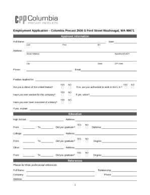 Employment application - Columbia Precast Products Doc Template | pdfFiller