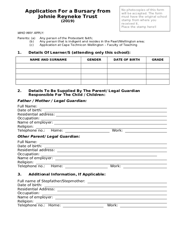 Application For a Bursary from Johnie Reyneke Trust Doc Template | pdfFiller