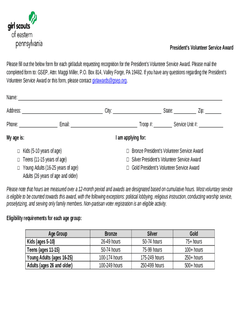 1 President's Volunteer Service Award Application Doc Template | pdfFiller