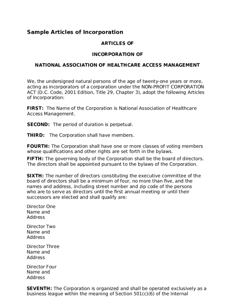 Sample Articles of Incorporation Doc Template | pdfFiller