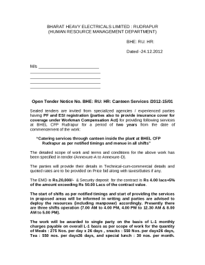 Canteen Services at BHEL CFP Rudrapur Doc Template | pdfFiller