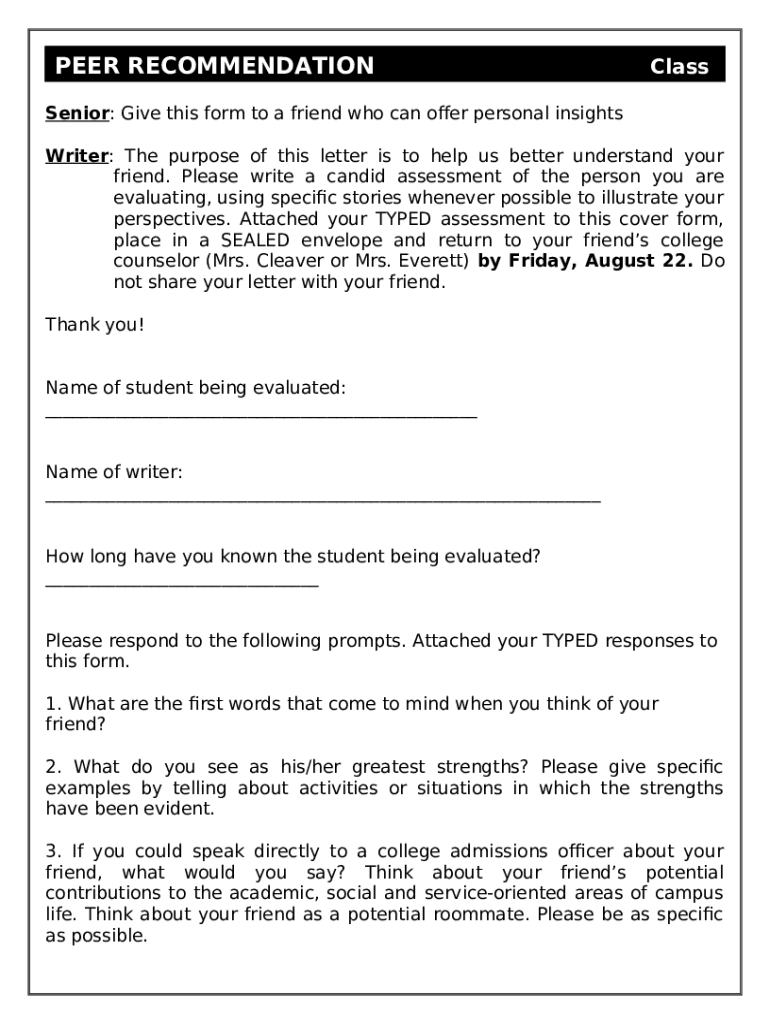 Peer Recommendation Doc Template | pdfFiller