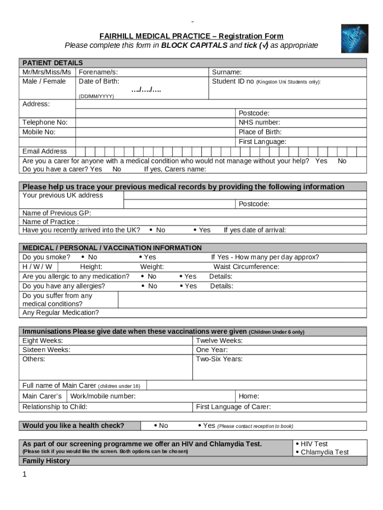Registration - Fairhill Medical Practice Doc Template | pdfFiller