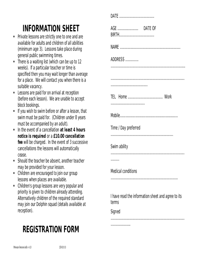 PRIVATE INDIVIDUAL LESSON INATION SHEET AND REGISTRATION Doc Template | pdfFiller