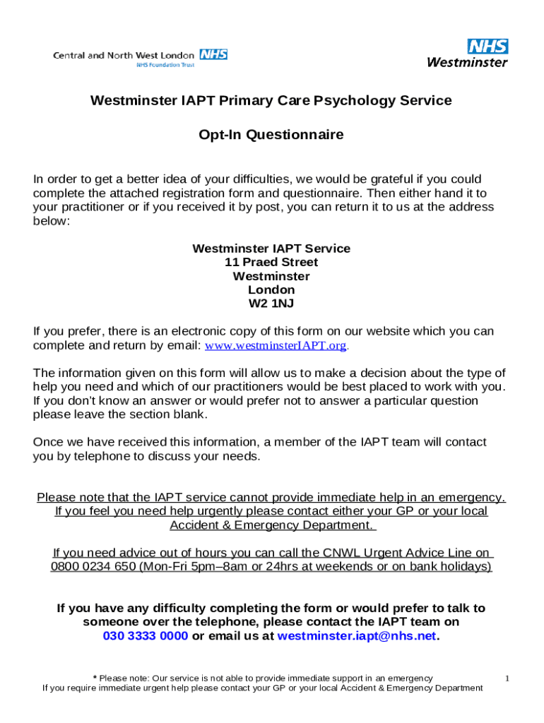 Psychological Wellbeing Service (IAPT)Self-Referral Doc Template | pdfFiller