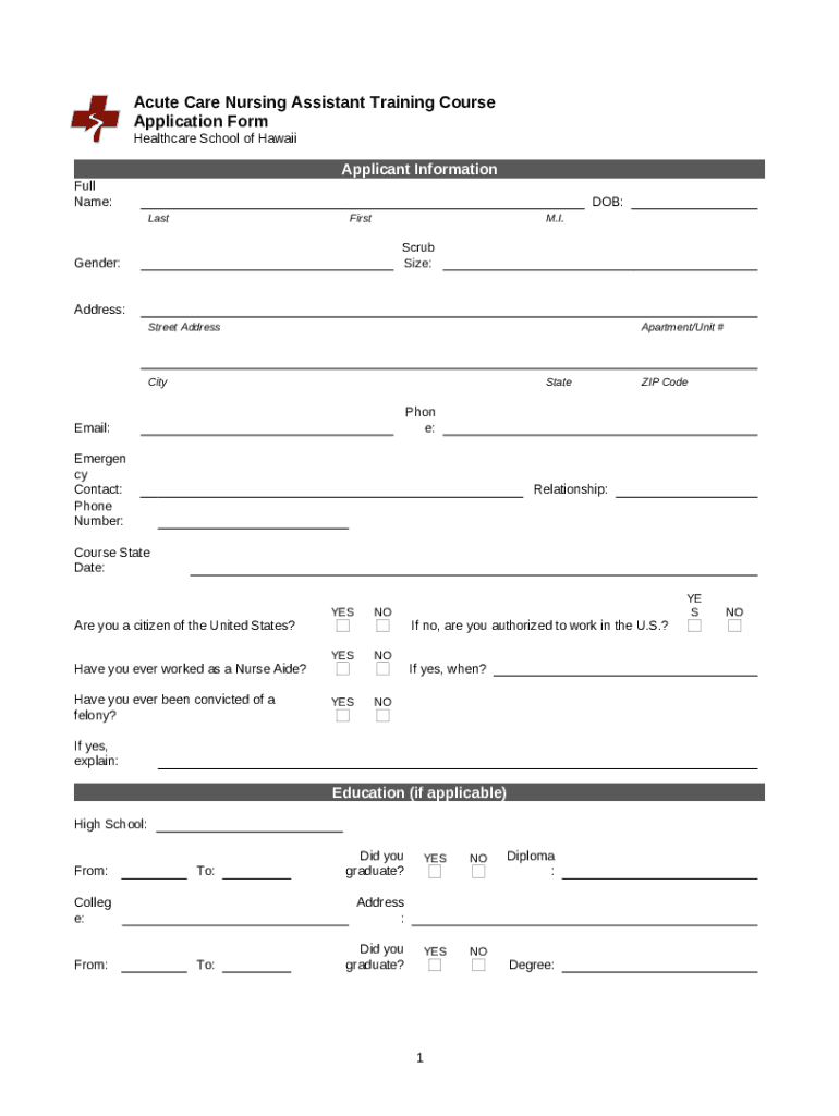 Application .doc - West Kauai Nurse Aide Training... Doc Template | pdfFiller