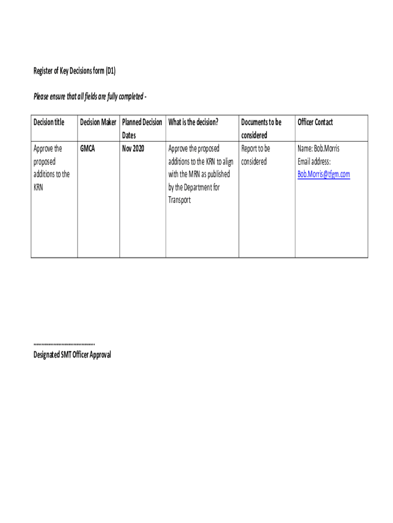 Fillable Online D1 form - New Key decision Notice Fax Email Print ...