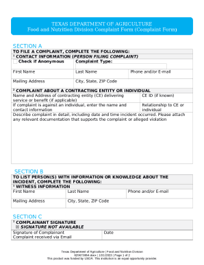 food and nutrition division - complaint Doc Template | pdfFiller