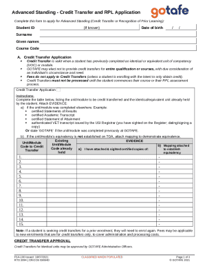 Advanced Standing Credit transfer and RPL application Doc Template ...