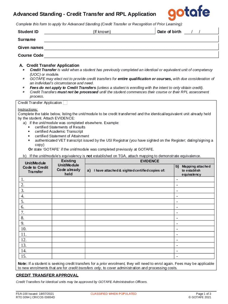 Advanced Standing Credit transfer and RPL application Doc Template ...