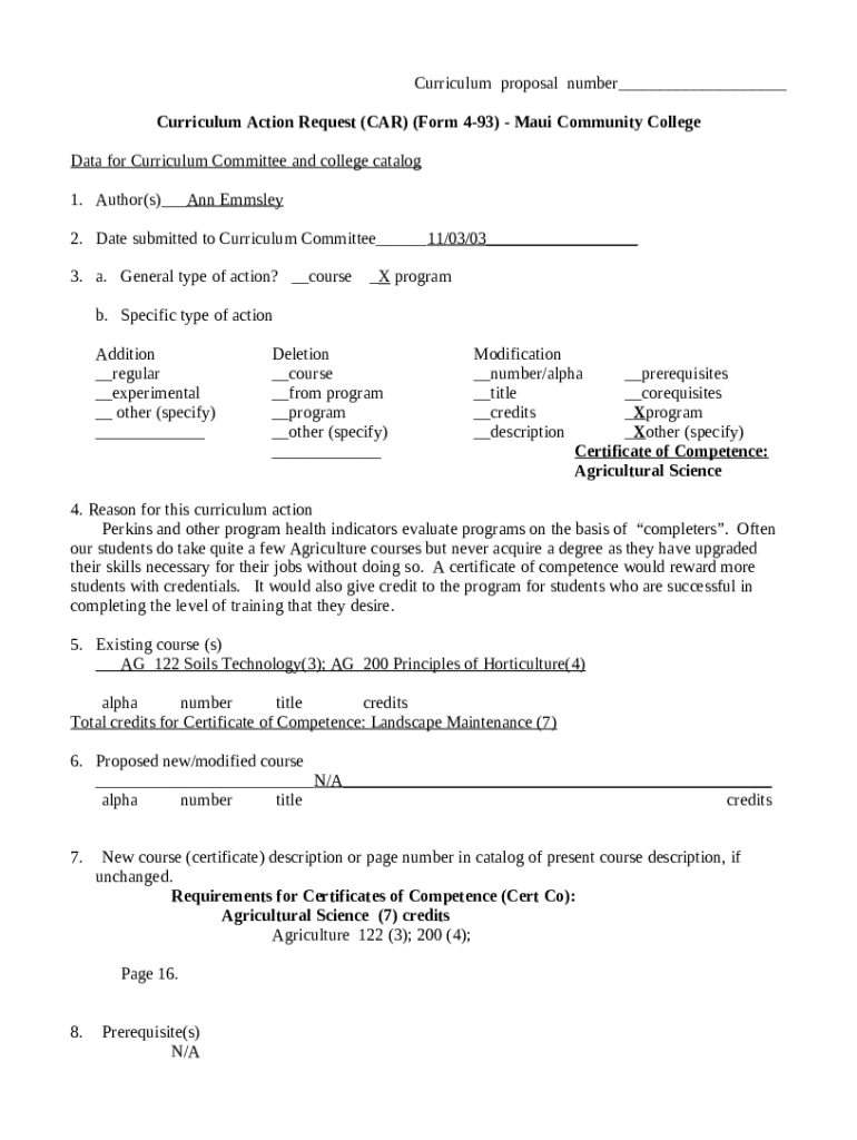 Curriculum Action Request (CAR) ( 4-93) - maui hawaii Doc Template | pdfFiller
