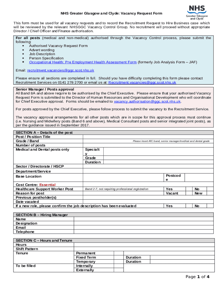 Vacancy Request - NHS Greater Glasgow and Clyde Doc Template | pdfFiller