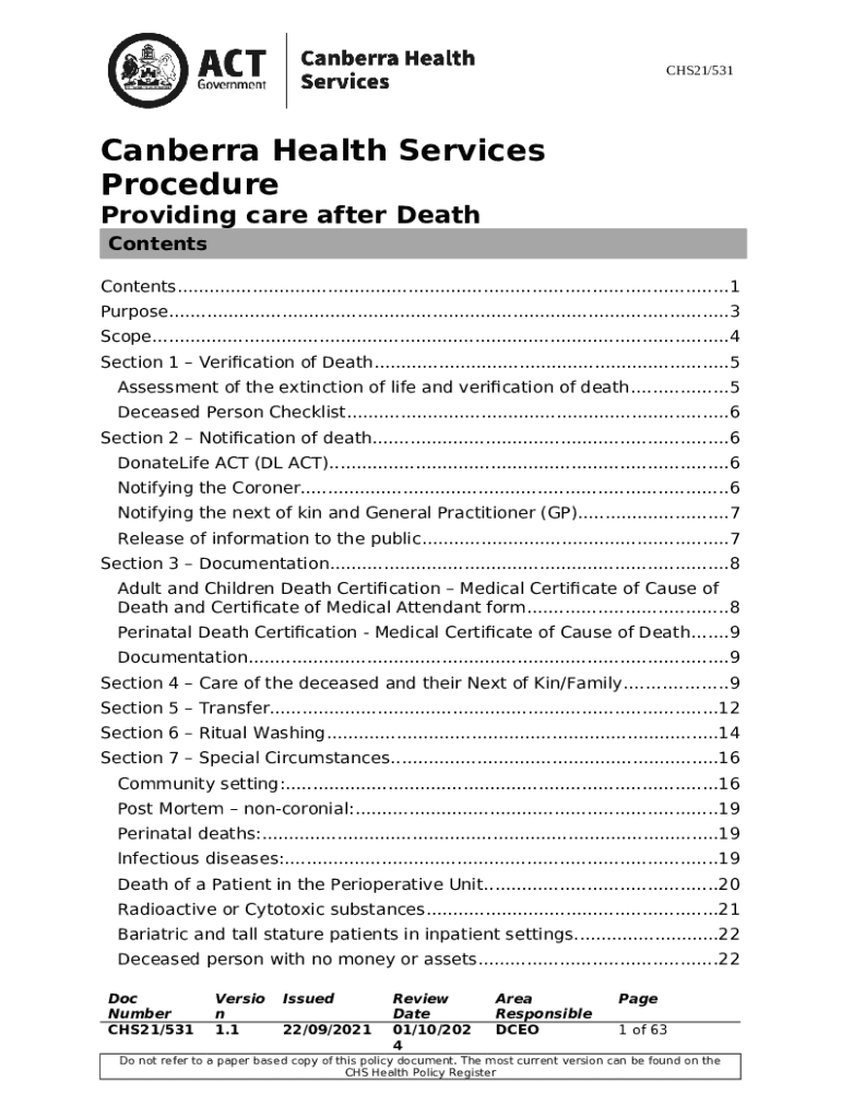 Providing care after Death - Canberra Health Services Doc Template | pdfFiller