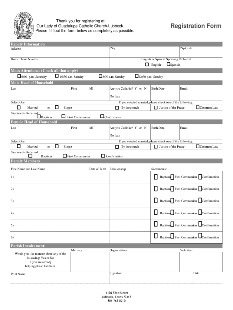 Fillable Online Registration Form - Our Lady of Guadalupe - Lubbock Fax ...
