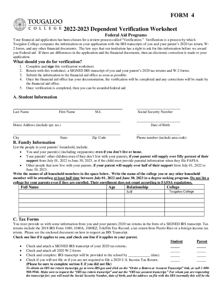 Fillable Online FORM 4 2022-2023 Dependent Verification Worksheet Fax Email Print - pdfFiller
