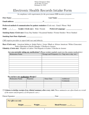 Fillable Online Electronic Health Records Intake Form - Craft ...