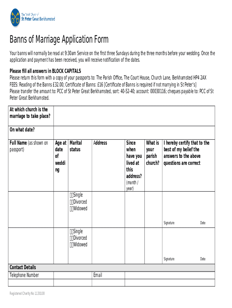 Banns of Marriage application - St Peter's Berkhamsted Doc Template | pdfFiller