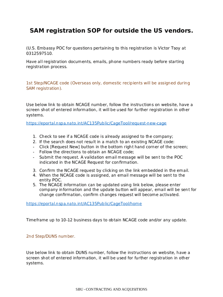 SAM registration SOP for outside the US vendors. Doc Template | pdfFiller