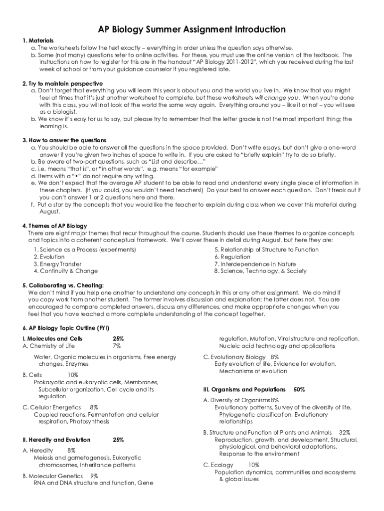 Fillable Online Intro Info for AP Biology Summer Assignment Fax Email ...