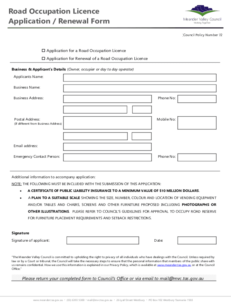 Fillable Online Road Occupation Licence Application / Renewal Form Fax ...