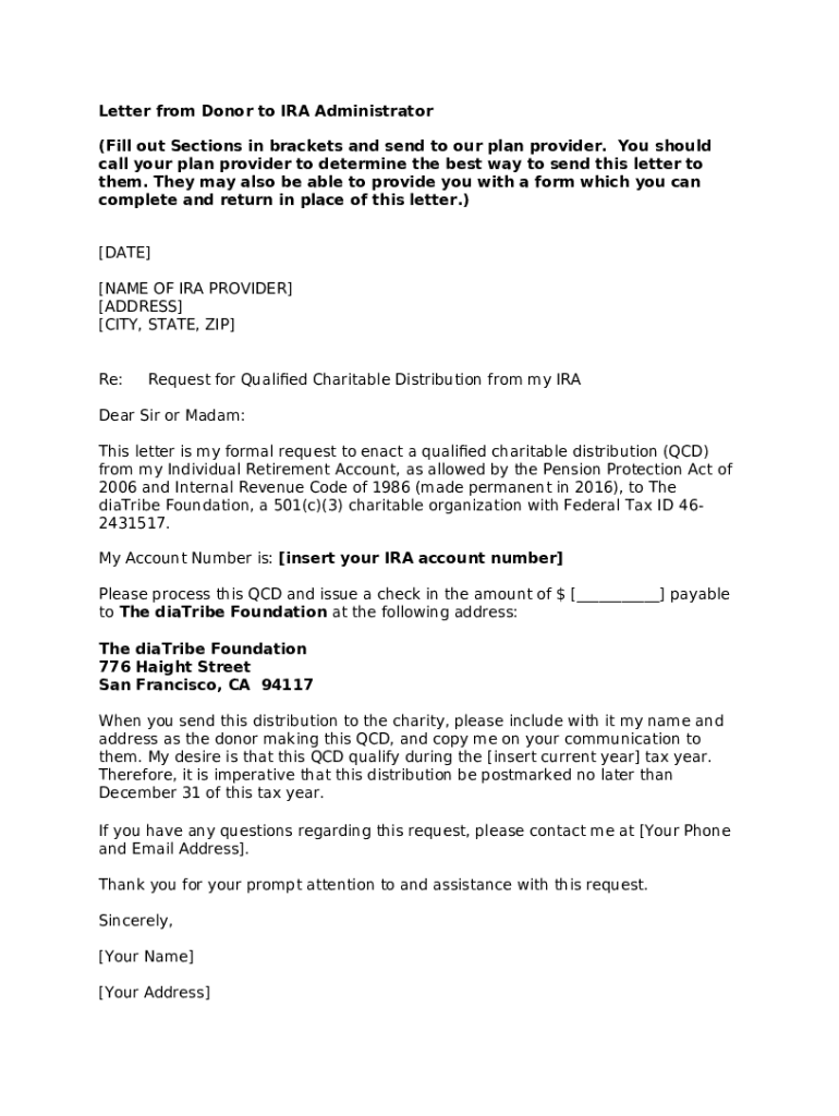 Sample letter to send your IRA administrator Doc Template | pdfFiller
