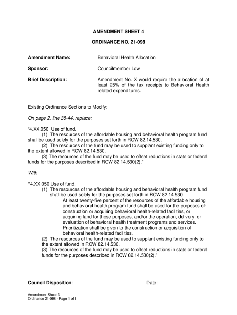 Fillable Online AMENDMENT SHEET 4 ORDINANCE NO. 21-098 Amendment ...
