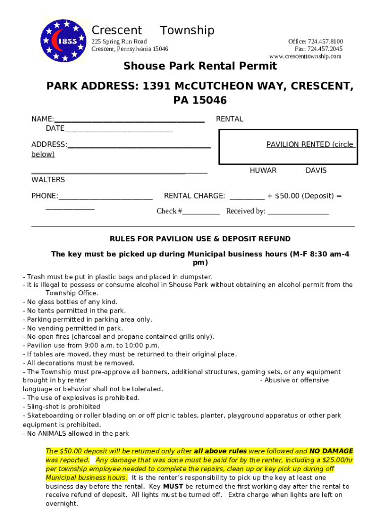Shouse Park Rental Agreement - Crescent Township Doc Template | pdfFiller