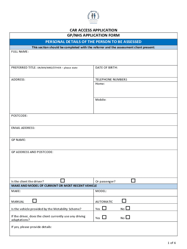 Fillable Online gp/nhs application form - William Merritt Centre Fax Email Print - pdfFiller