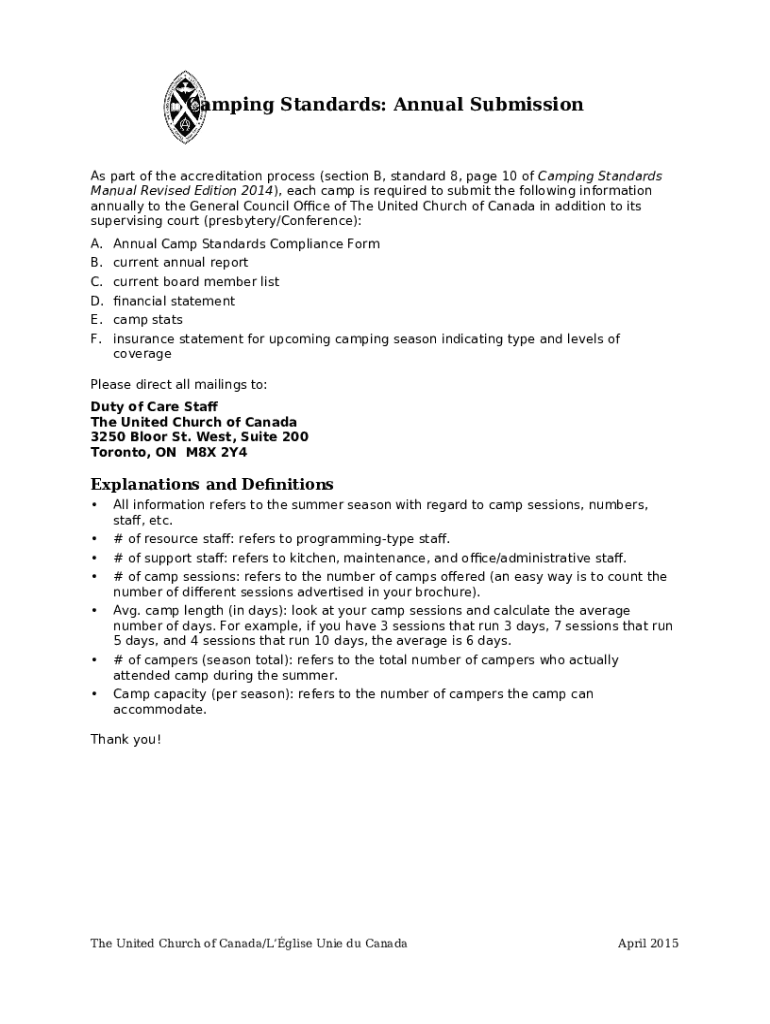 Camping Standards. This is used by United Church camps to report their ...