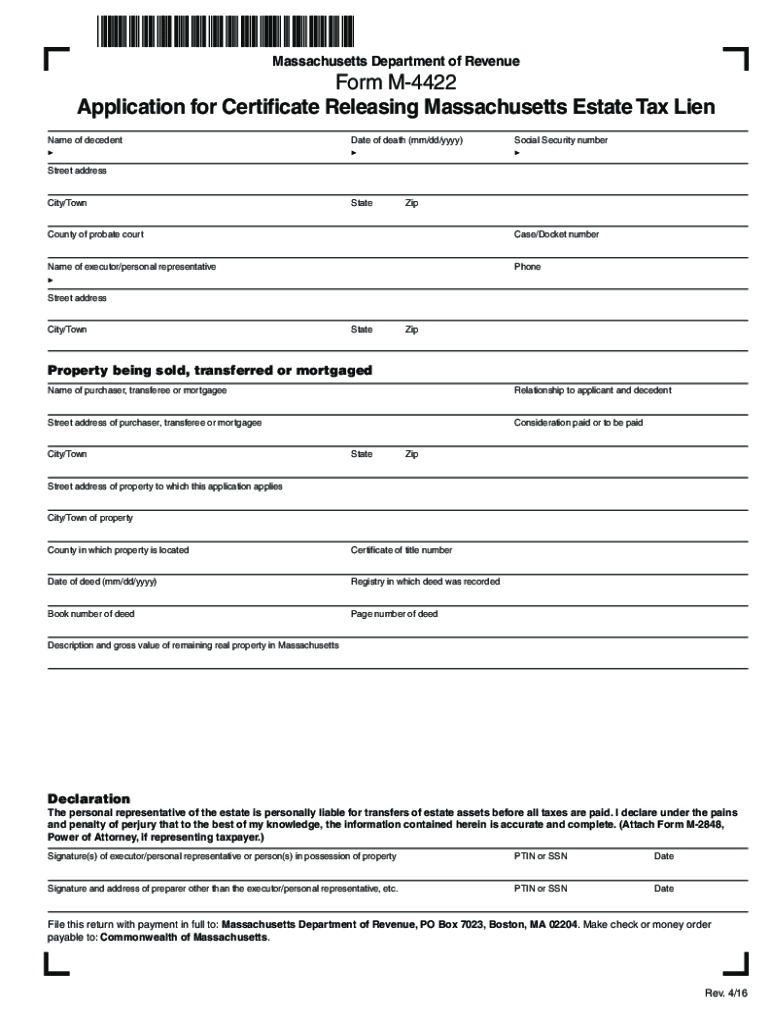 Fillable Online Form M-4422 Application for Certificate Releasing ...