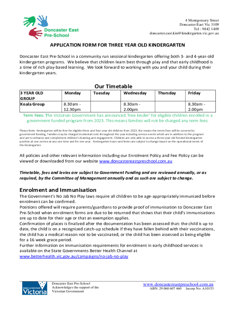 Fillable Online Application Form for Three Year Old Kindergarten Fax Email Print - pdfFiller
