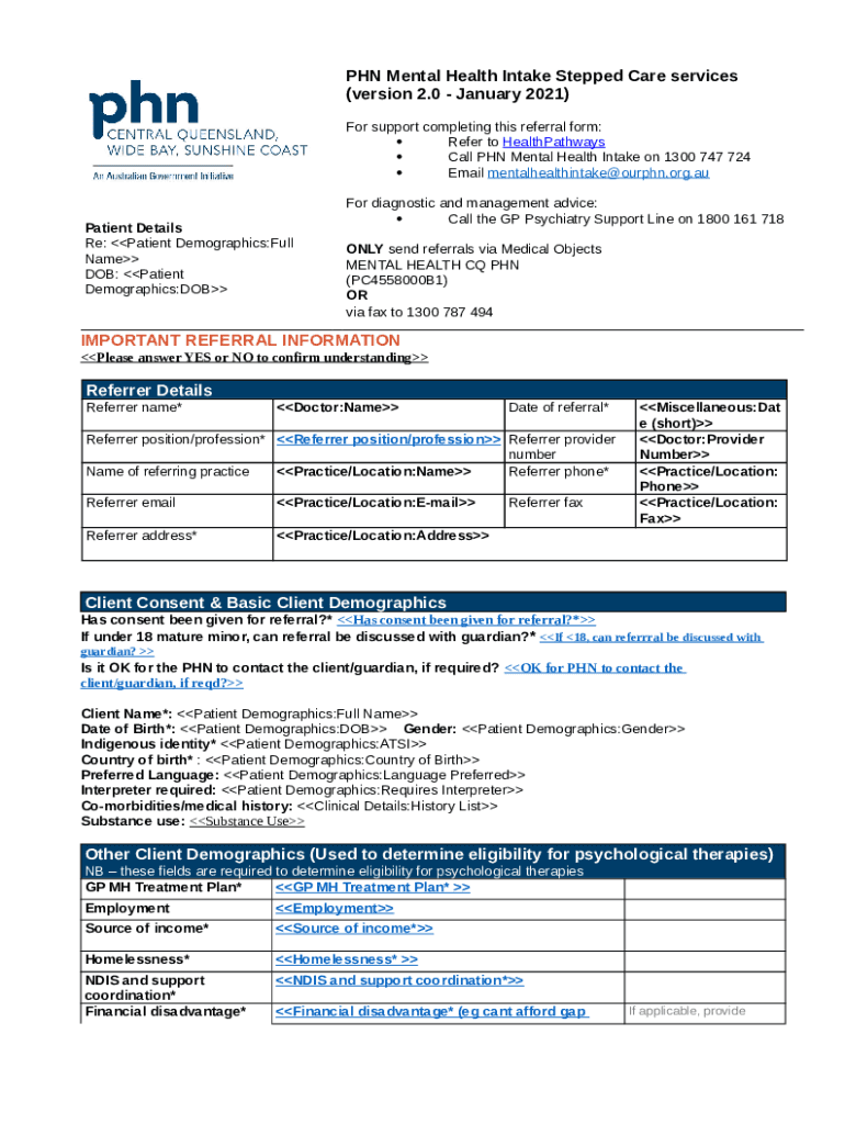 PHN Mental Health Intake Stepped Care services Doc Template | pdfFiller
