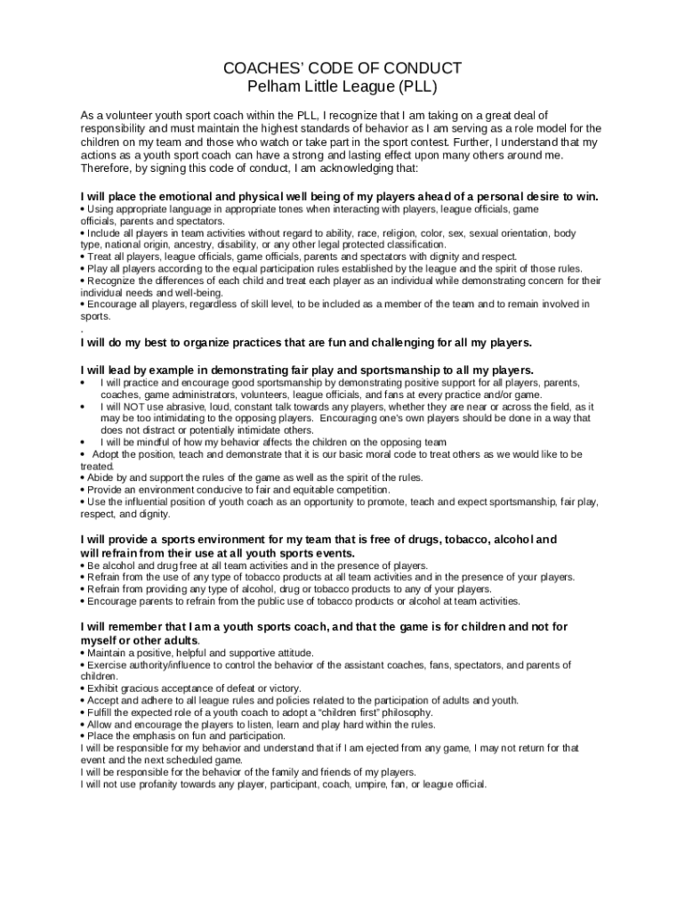White Plains Little League Coach's CODE OF CONDUCT Doc Template | pdfFiller
