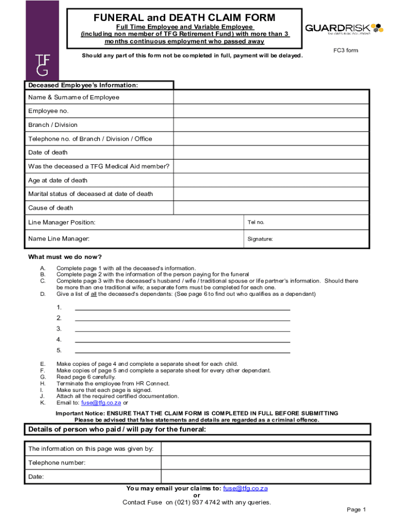 Fillable Online FUNERAL and DEATH CLAIM FORM - TFG Retirement Fund Fax ...