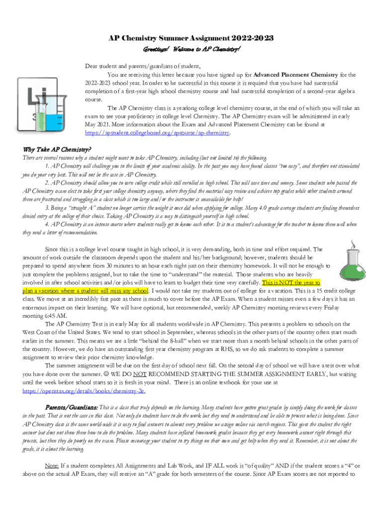 Fillable Online Dear Parents/Guardians and Prospective Pre-AP Chemistry ... Fax Email Print ...