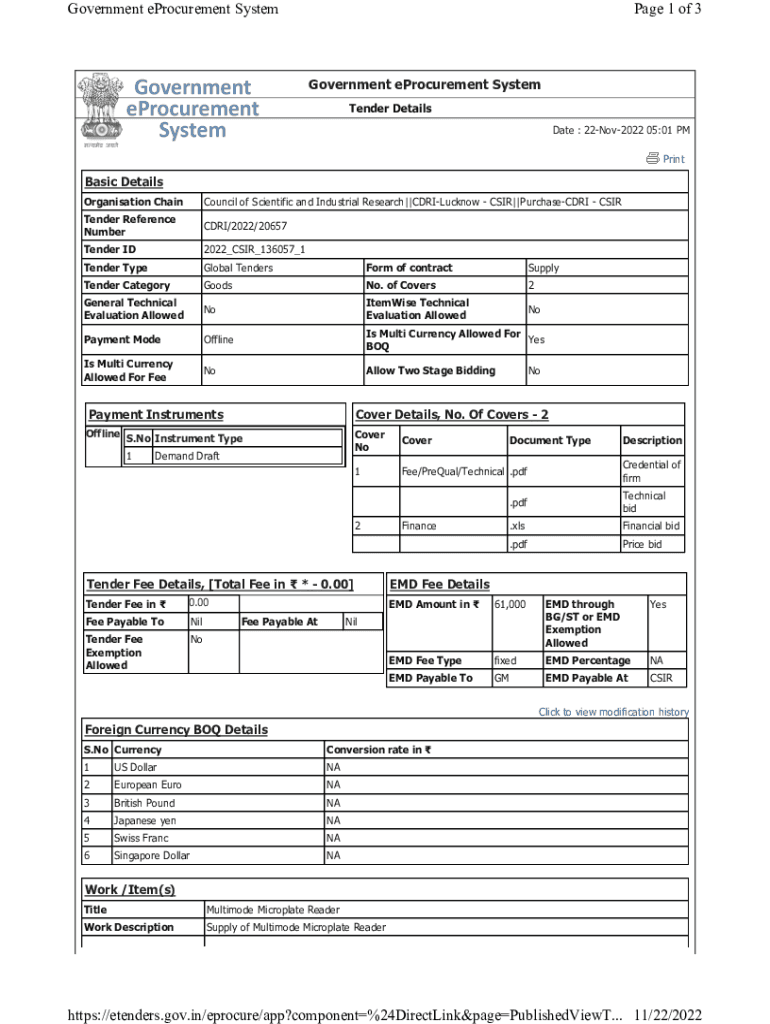 Fillable Online cdri res Government eProcurement System - Tender ...
