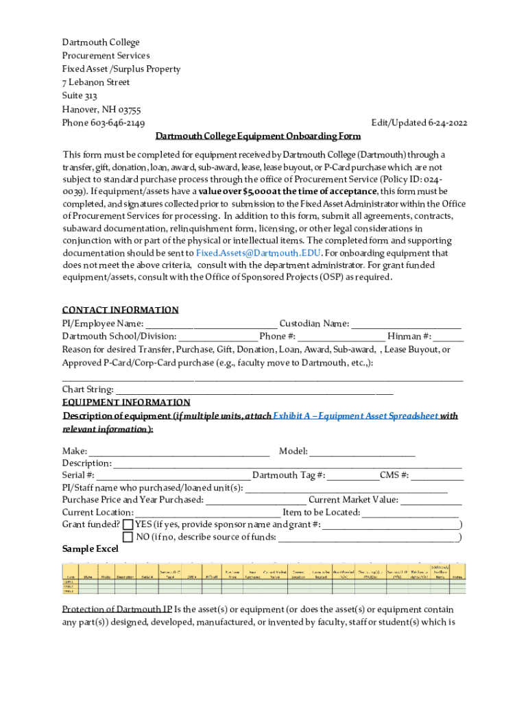 Fillable Online Dartmouth College Off-Campus Equipment Form Fax Email Print - pdfFiller