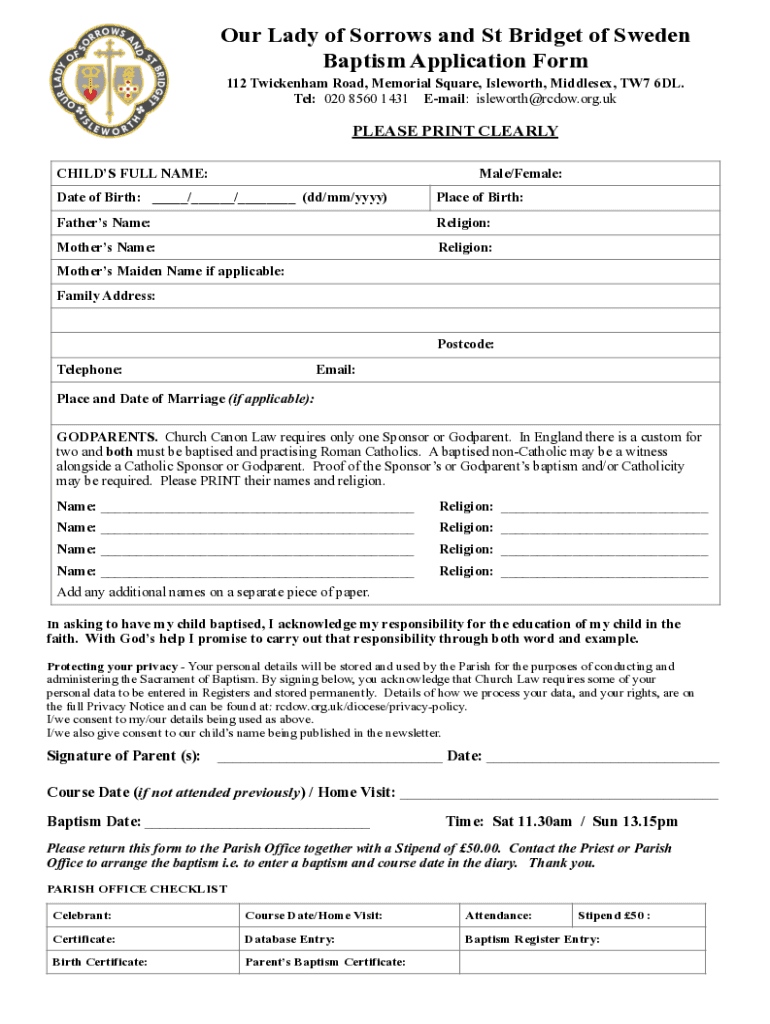 Fillable Online parish rcdow org Baptism - Our Lady of Sorrows and St Bridget of Sweden Fax ...