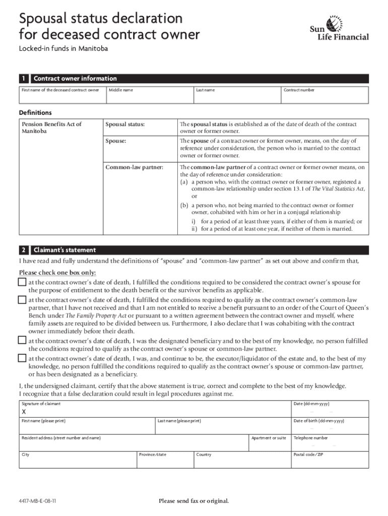 Fillable Online Spousal status declaration for deceased contract owner ...