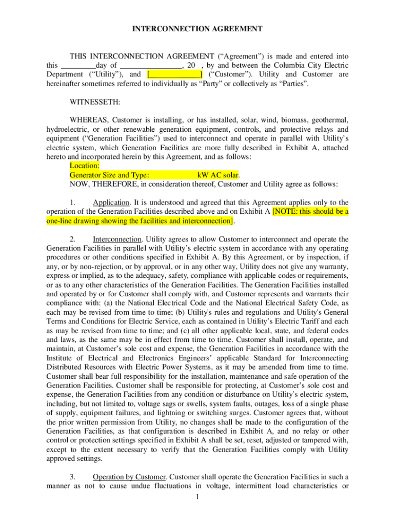 Fillable Online AGREEMENT FOR INTERCONNECTION AND PARALLEL ... Fax Email Print - pdfFiller