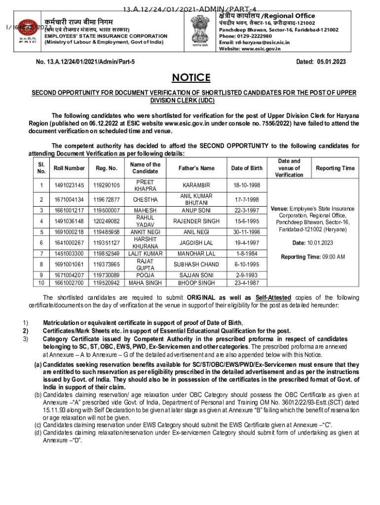 Fillable Online NOTICE - ESIC Fax Email Print - pdfFiller