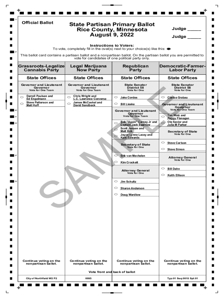 Fillable Online State Partisan Primary Ballot Rice County, Minnesota ...