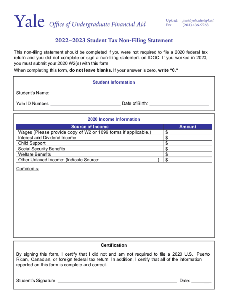 Fillable Online finaid yale 2022-2023 Student Tax Non-Filing Statement ...